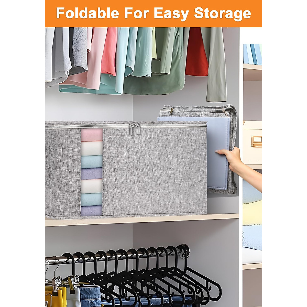 punemi Large Clothes Storage Bags, 2 Pack Comforter Storage Bag with Sturdy Structure/Zipper for King/Queen Comforters Quilt Duvet Pillows Blankets,Closet Organizers and Storage, 21.7x14.2x11.8in