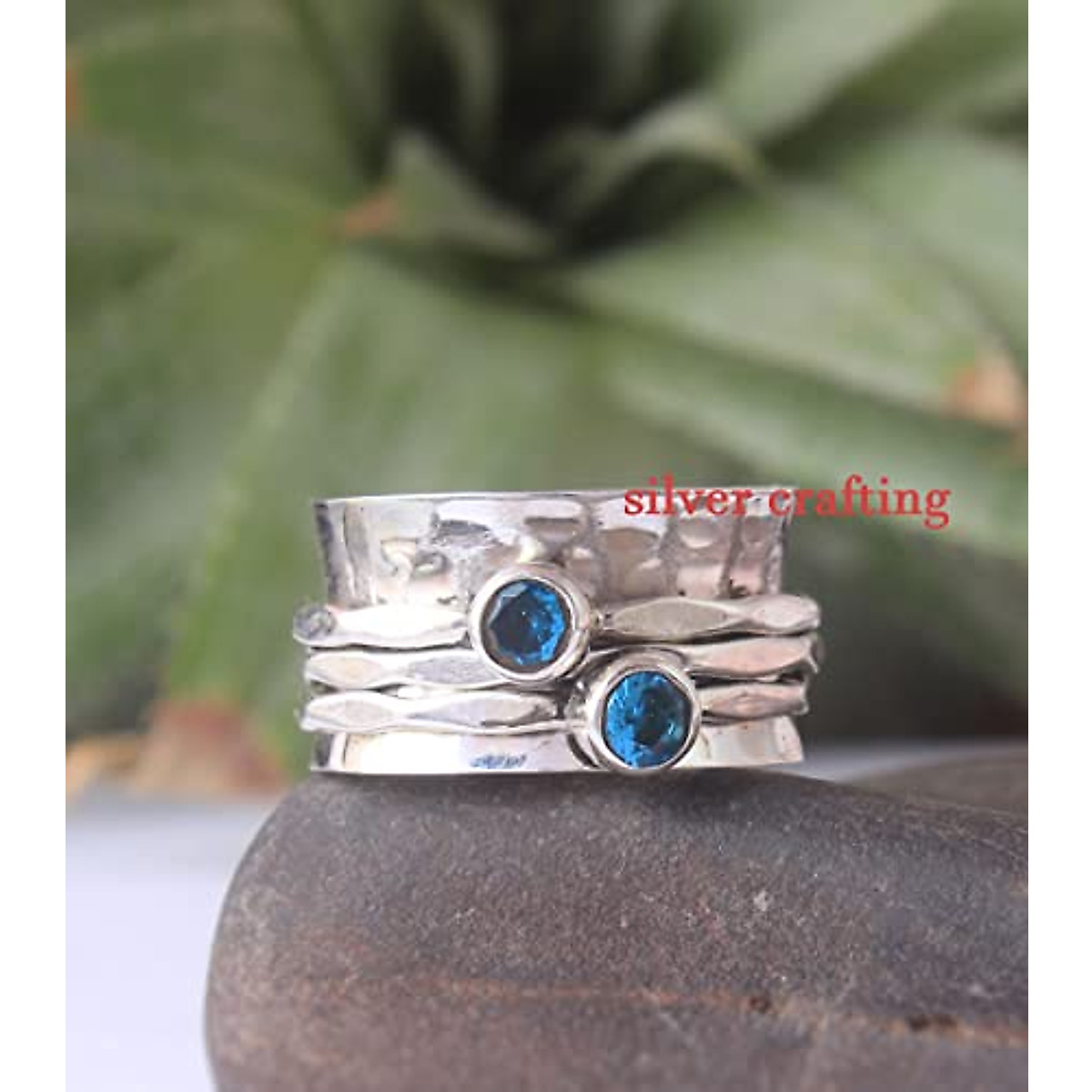 Blue Topaz Gemstone Silver Spinner meditation Fidget Spinning Ring (13)
