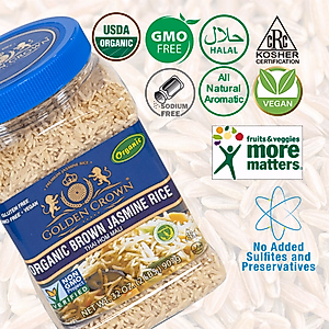 Golden Crown Organic Brown Jasmine Rice, Naturally Aged Halal + Kosher, Extra Long Aromatic Tasty and Delicious Flavorful Gluten-Free Whole Grains From Thai HOM Mali, Non-GMO - 32 oz (2LB)