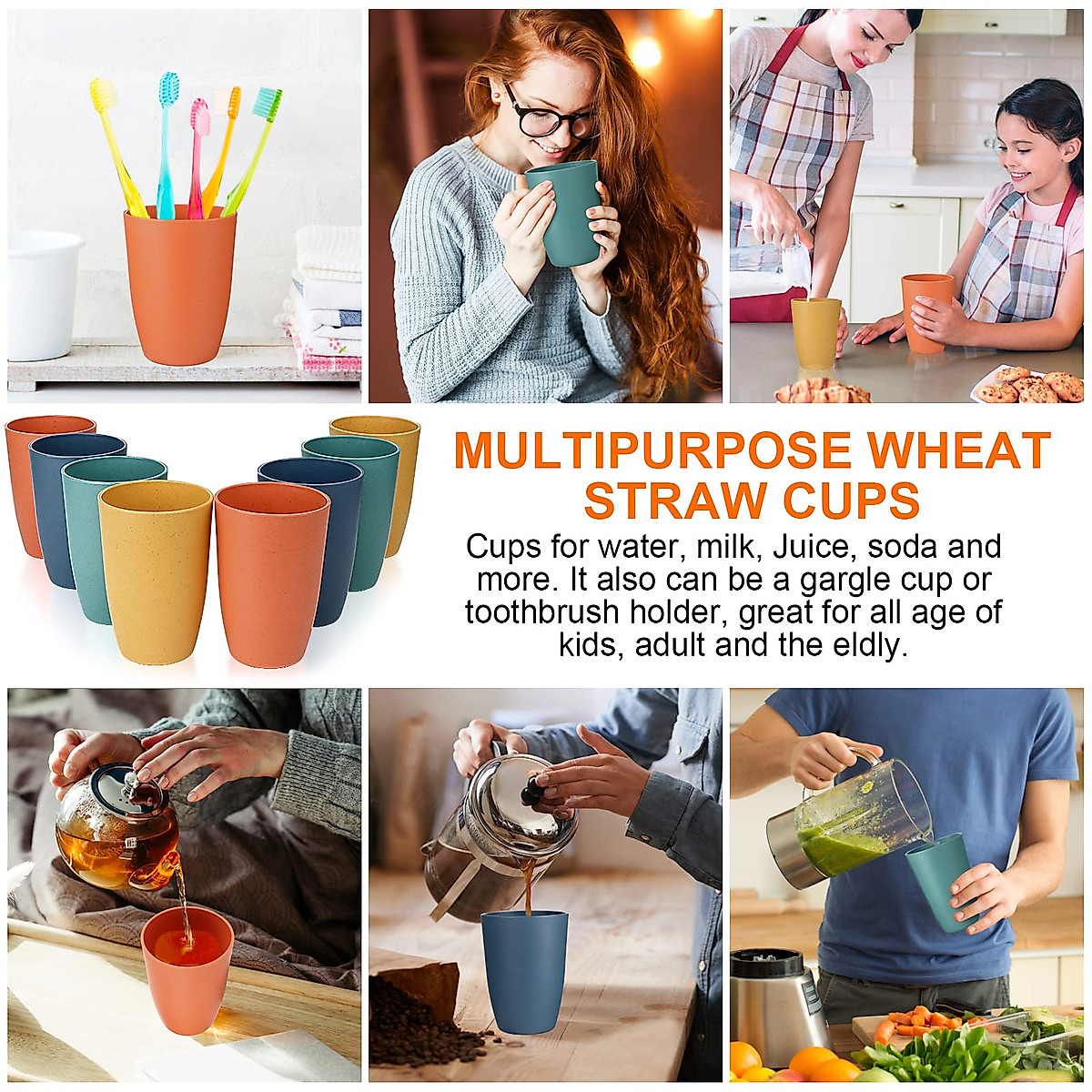 ninjori Wheat Straw Cups,8 PCS Plastic Cups 12 oz Unbreakable Drinking Cup, Reusable Dishwasher Safe Water Glasses with 4 Colors for Drinking Water Juice Milk Soda Coffee