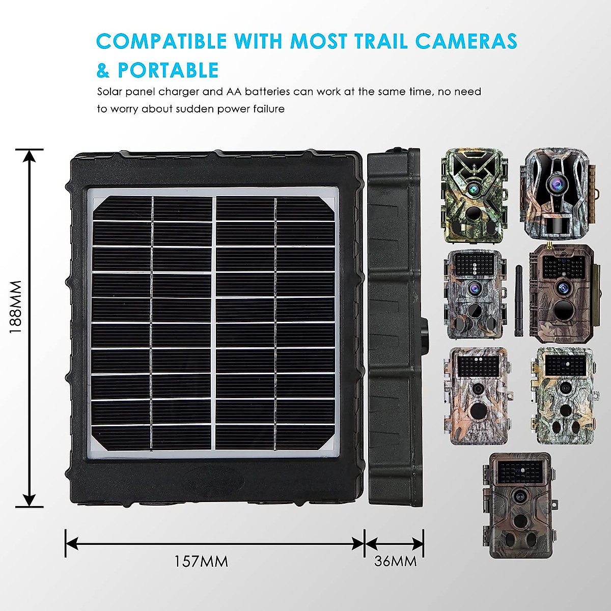 Solar panel, 3W portable solar panel kit, 8000mAh large capacity, 12V/9V/6V output 5V input, IP66 waterproof suitable for homes, solar lights, camping, trail camera, fishing