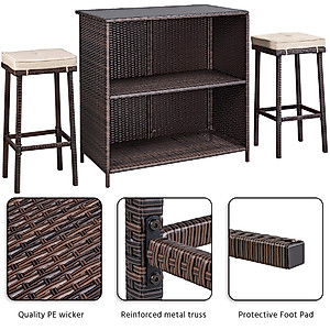 Yaheetech 3pcs Patio Bar Set, Outdoor Wicker Bar Furniture with 2 Storage Shelves, Glass Top Table, Removable Cushions and Two Stools for Backyards, Porches, Gardens or Poolside