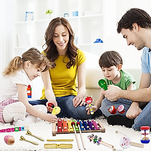 ATDAWN Kids Musical Instruments, 15 Types 22pcs Wood Percussion Xylophone Toys for Boys and Girls Preschool Education with Storage Backpack