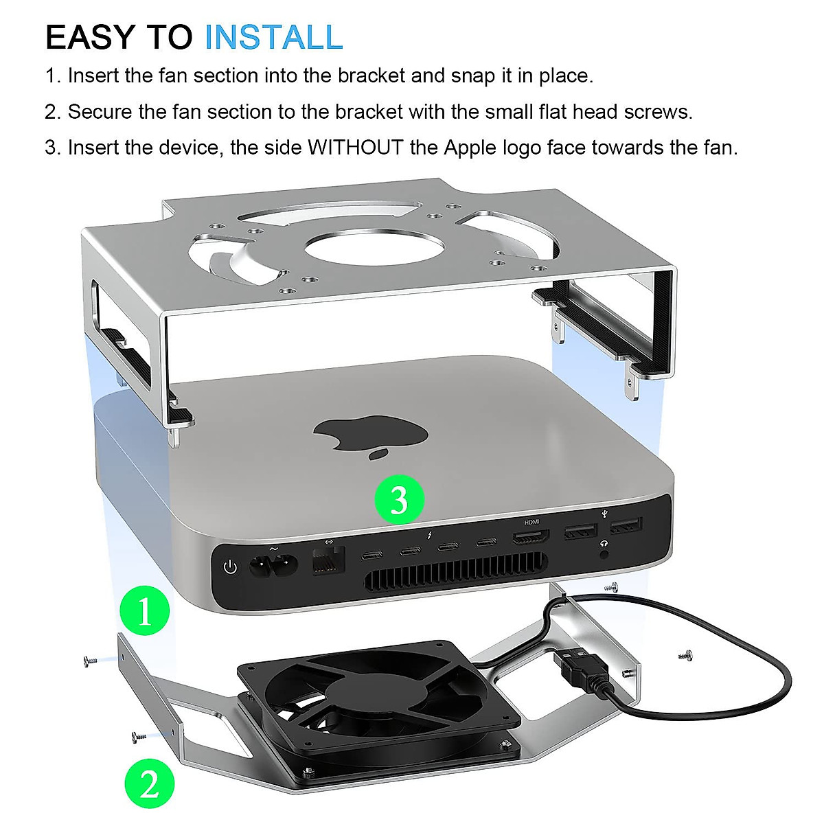 IFCASE Mac Mini Cooling Fan Mount, Behind Monitor, Under Desk, Wall Mount Cooling Fan Stand for Mac Mini 2010 to 2023 M2, Compatible VESA Holder with Anti-Scratch Pad (Silver)
