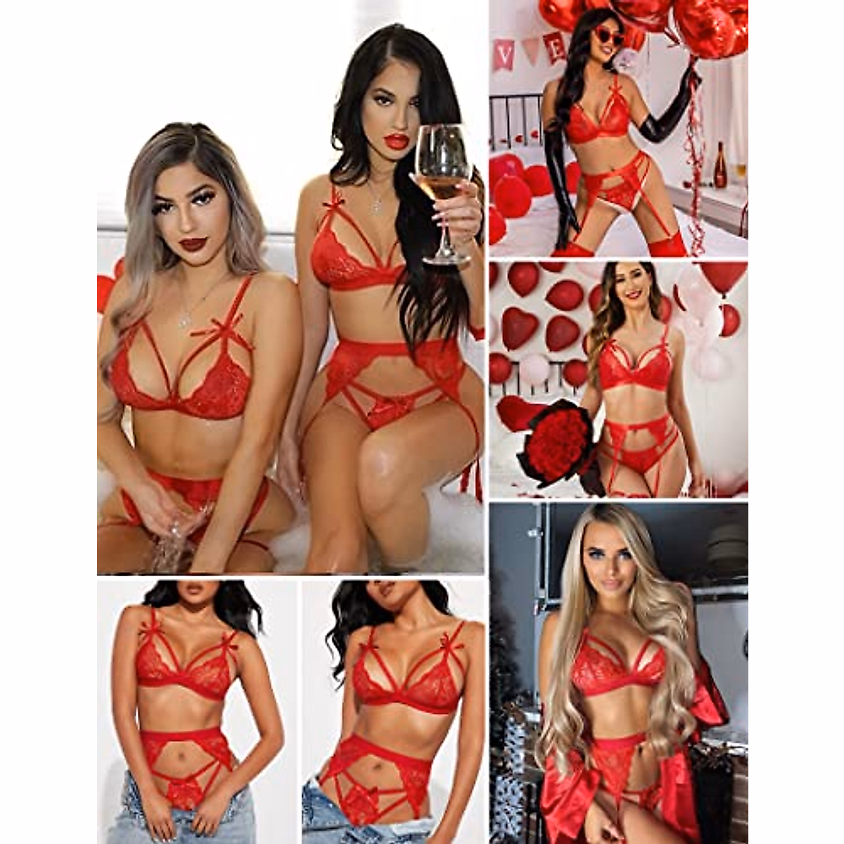 Avidlove Women Lingerie Set Lace Teddy Strap Babydoll Bodysuit with Garter Belts (S, 1 Christmas Red)