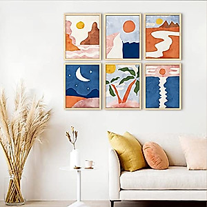 ArtbyHannah 8x10 Boho Framed Wall Art Set of 6 with Mid-Century Bohemian Motifs for Home Gallery Wall Art Decor