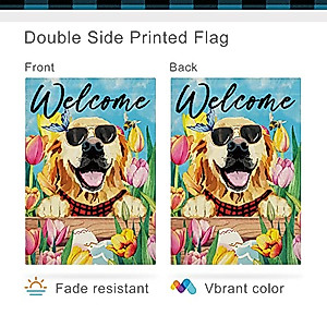 CMEGKE Spring Golden Retriever Tulip Garden Flag, Spring Golden Retriever Dog Flag, Easter Garden Flag Spring Summer Vertical Double Sided Burlap Welcome Dog Floral Holiday Party Rustic Farmhouse Yard Home Outdoor Decoration 12.5 x 18 In