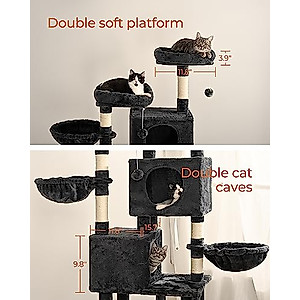FourFurPets Cat Tree for Indoor Cats, 63in Cat Tower, Cat Condo, Two Cat Perch, Wwo Cat Caves, Two Cat Basket, Sisal Scratching Stairs, Toys, Smoky Gray