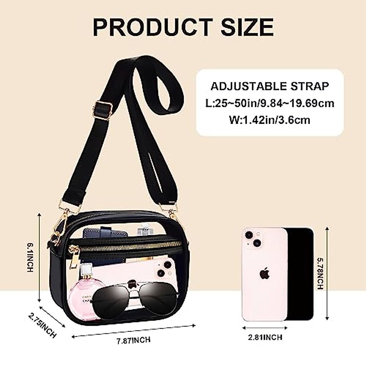 Fibrdoo Clear Bag Stadium Approved, Leather Clear Crossbody Purse Bag for Concerts Sports Events Festivals (Black)