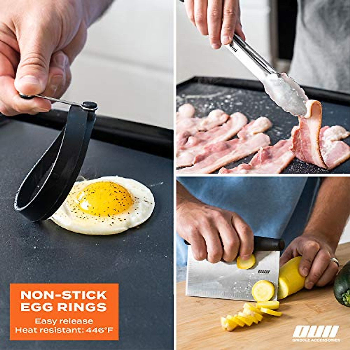 OUII Flat Top Griddle Accessories Set for Blackstone and Camp Chef Griddle - 14 Pieces Set with Griddle Cleaning Kit & Carry Bag! Metal Spatula, Griddle Scraper, Egg Rings for Teppanyaki & Gas Grill