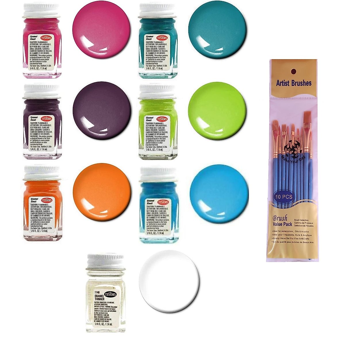 Make Your Day Testors Enamel Paint, Magenta, Gloss Teal, Gloss Grape, Gloss Turquoise, Gloss Sublime, Gloss Tangerine, and Clear Thinner, 1 3/4 Ounce (Pack of 7) Paintbrushes