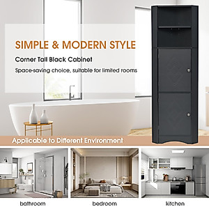 Home Freestanding Storage Cabinet with Five Tier Shelves, Tall Slim Cabinet, Free Standing Linen Tower, Corner Cabinet, Skinny Shelf Cabinet, Bathroom Cabinet Tall Skinny Shelf, Black