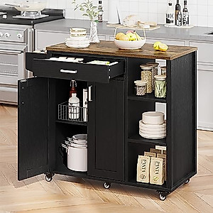 YITAHOME Rolling Kitchen Island Cart on Wheels with Storage, Drawer, Open Shelves, Spice/Towel Rack, Multi-Functional 2 Doors Kitchen Table Island for Dining Room, 42.5” Wide Black