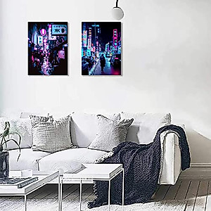 uruzuo Set of 2 Japanese Poster Tokyo Streets in The Night Sky Cool Cyberpunk Decor Japan Neon Canvas Wall Art Posters for Room Aesthetic Birthday Christmas Gifts 12x16 inch Unframed, White