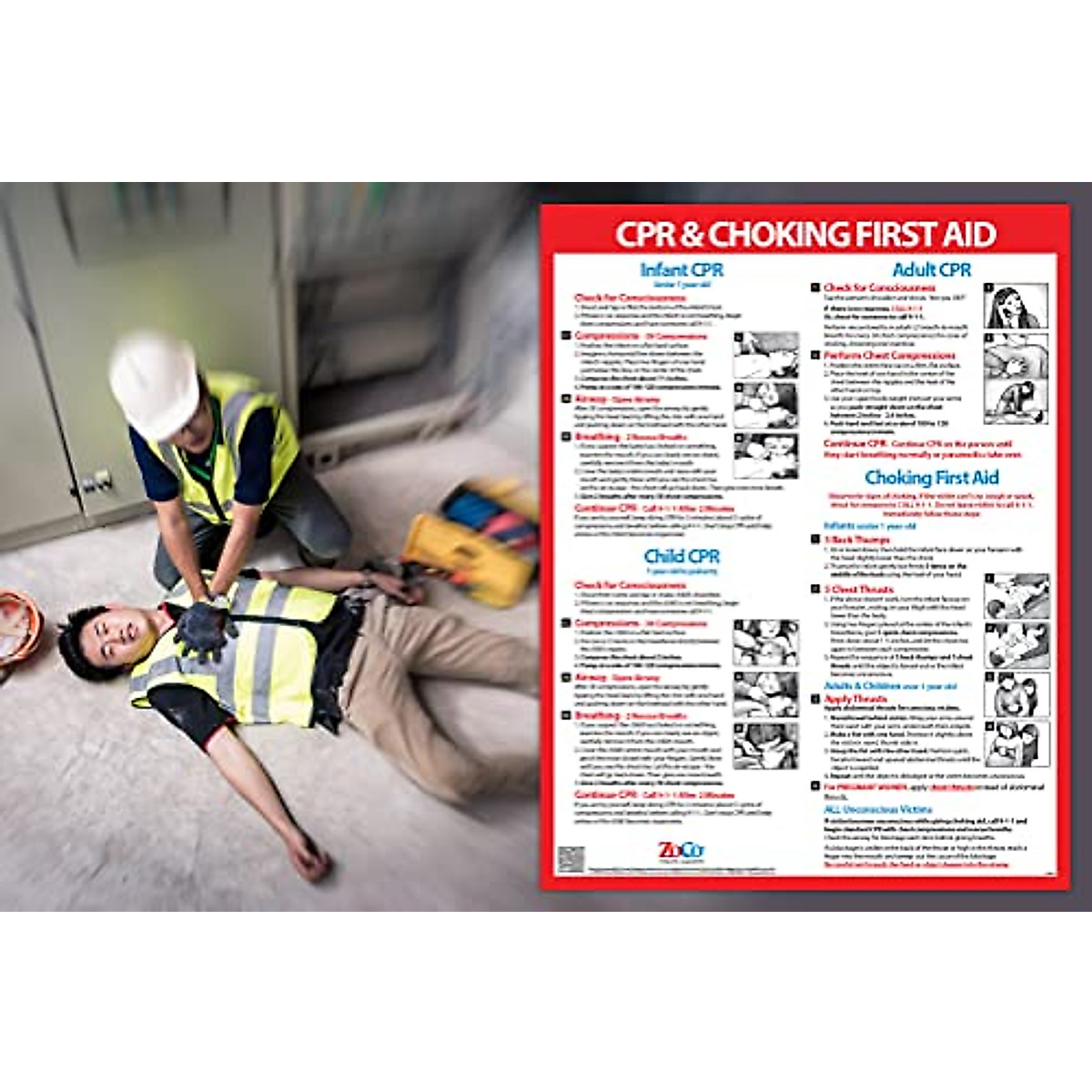 CPR Poster - Heimlich Maneuver Restaurant Sign - Laminated, 17 x 22 inches - Infant, Child, Adult CPR and Choking First Aid Poster - School Nurse Office Decor