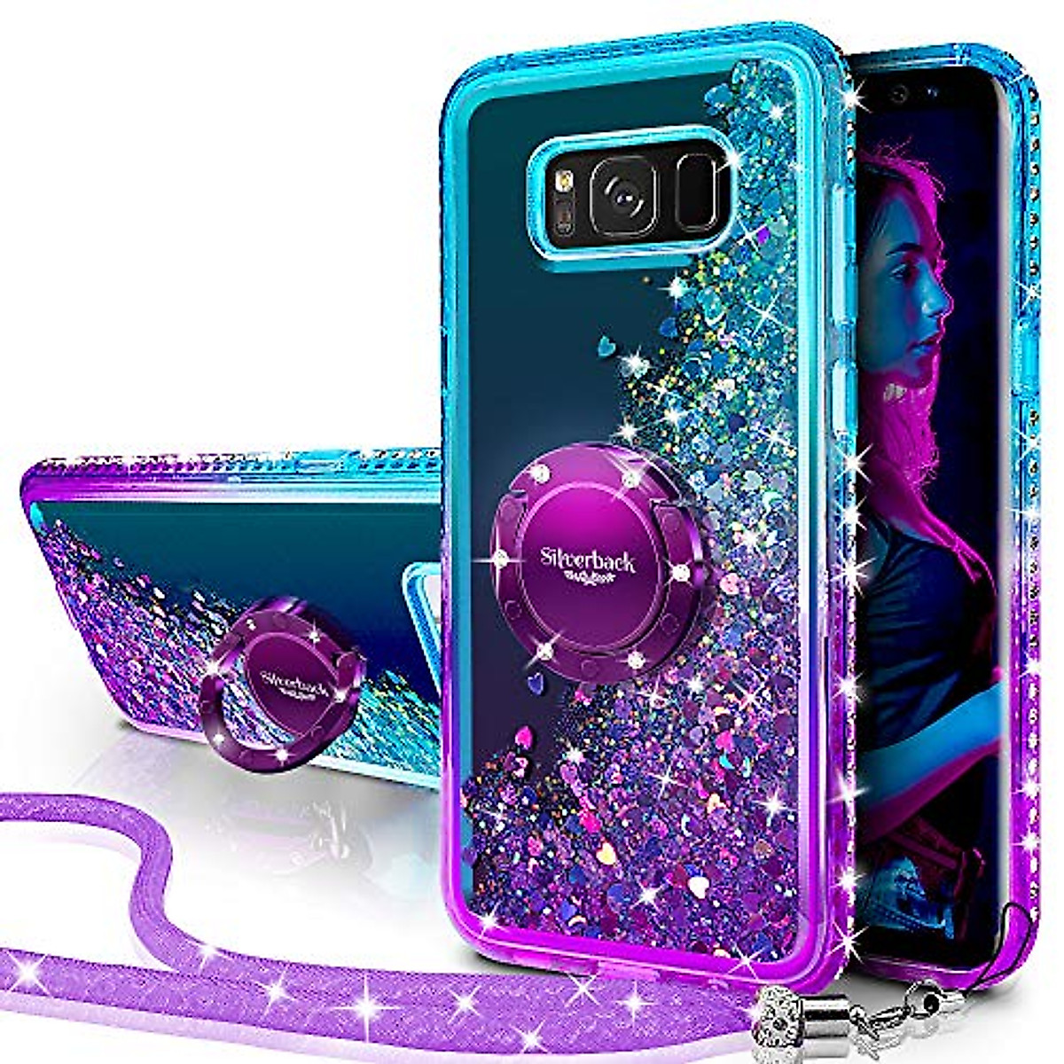 Silverback Galaxy S8 Plus Case, Moving Liquid Holographic Sparkle Glitter Case with Kickstand, Bling Diamond Rhinestone Bumper W/Ring Stand Slim Samsung Galaxy S8 Plus Case for Girls Women -Purple