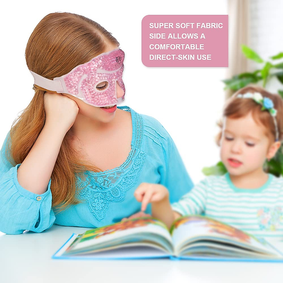 CONBELLA Ice Face Mask for Woman Man, Hot or Cold Gel Bead Ice Mask for face with Eye Holes & Soft Plush Backing, Ice Gel Freezer Eye Mask for Puffy Eyes, Redness, Headaches, Stress (#43 Green)