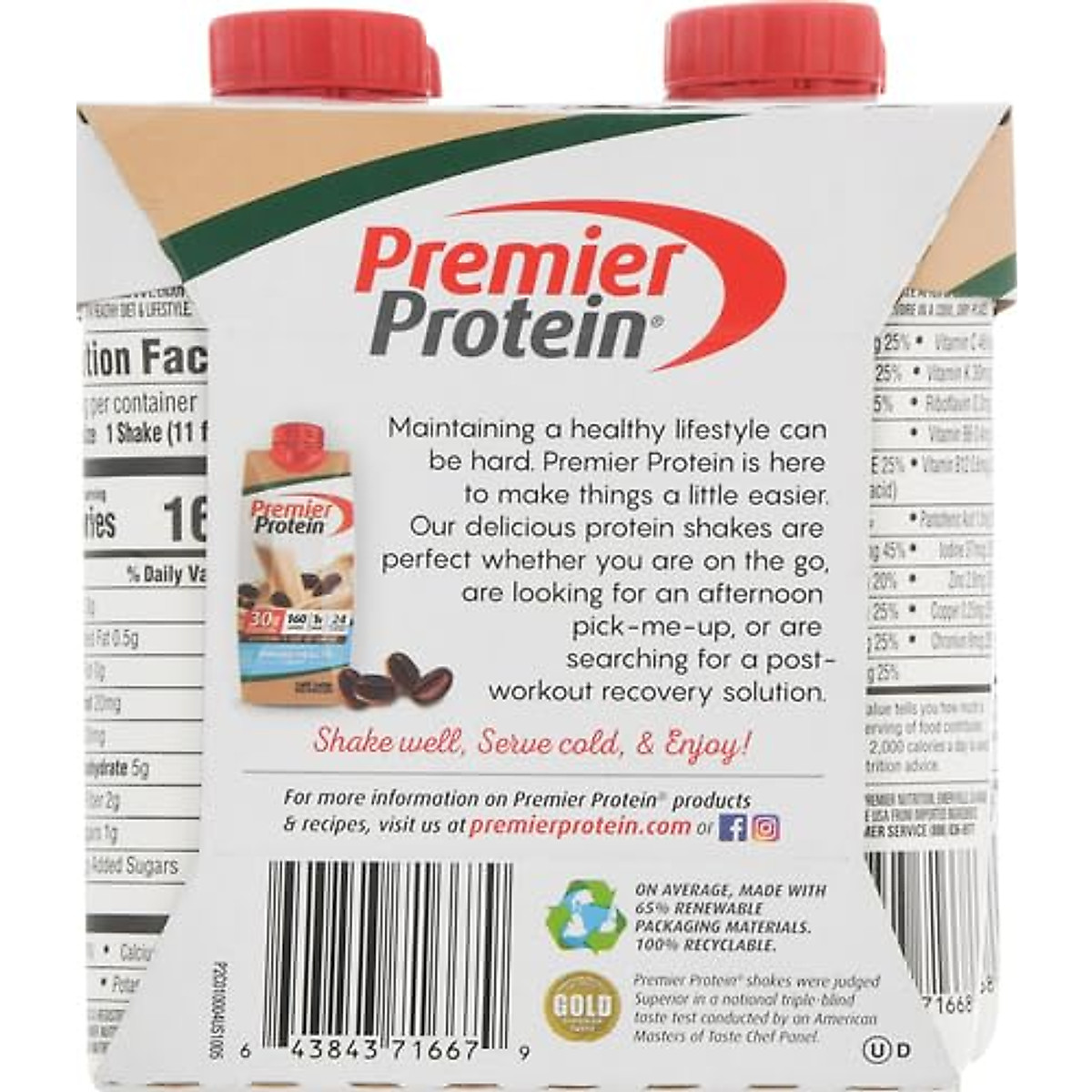 Premier Protein Shake, Café Latte, 30g Protein, 1g Sugar, 24 Vitamins & Minerals, Nutrients to Support Immune Health, 11 Fl Oz, 4 Count