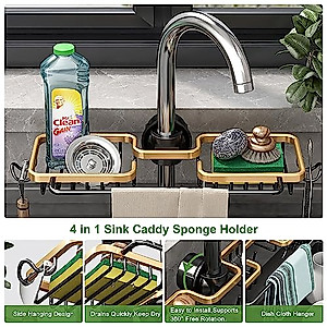 Gloserin Sponge Holder for Kitchen Sink,Adjustable Detachable Sponge Holder Over Faucet,Faucet Rack for Kitchen,Sink Caddy Sponge Holder,Kitchen Sink Organizer(Double with Dishcloth Rack, Gold)