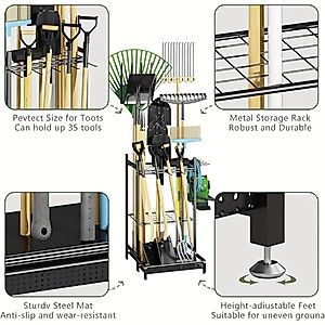 Heavy-Duty Tool Organizer Rack - Spacious Storage for Long-Handled Gardening Tools, Hooks, and Accessories - Durable Metal Construction, Sturdy, Black, Ideal for Garage and Utility Storage