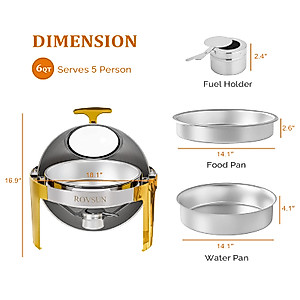 ROVSUN 2 Packs Roll Top Chafing Dish Buffet Set Gold Accent,NSF 6 Quart Round Stainless Steel Chafer, Buffet Servers and Warmers Set with Glass Window for Wedding, Parties, Banquet, Events