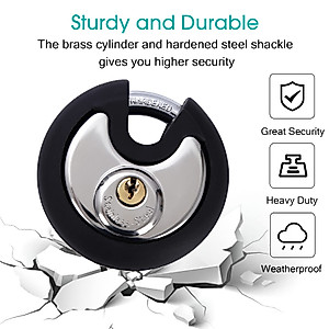DAYGOS Outdoor Padlock for Storage Unit, Waterproof Stainless Steel Disc Lock with Rubber Bumper for Sheds,Gate and Fence, Heavy Duty Discus Keyed Pad Lock (3/8-Inch Shackle)
