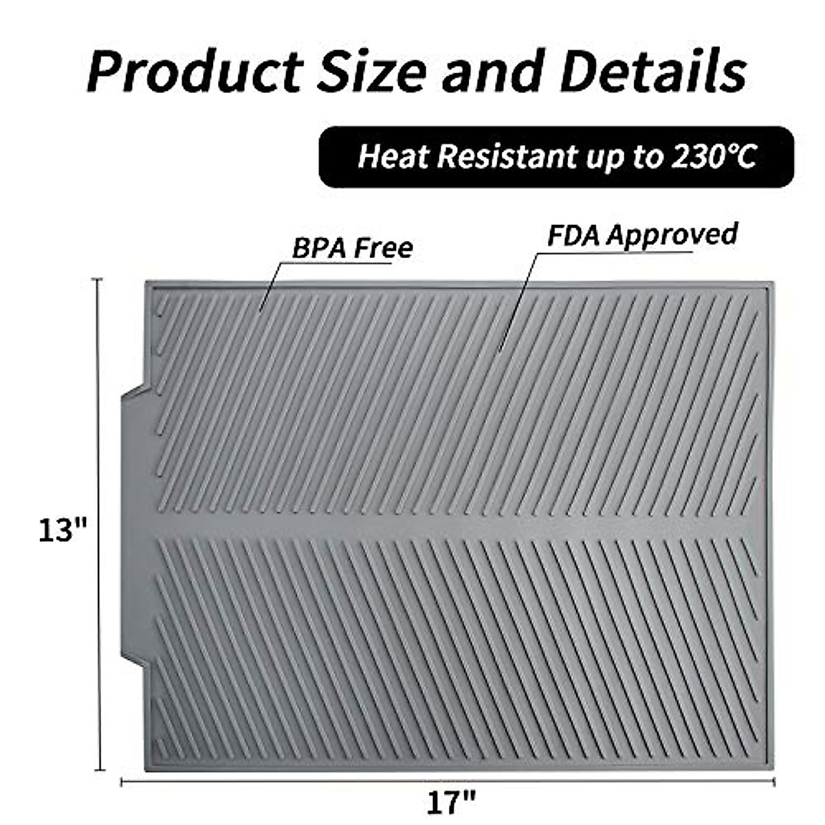 Suruid Silicone Dish Drying Mat for Multiple Usage, Easy Clean, Eco-Friendly Heat-resistant Silicone Mat for Kitchen Counter or Sink, Refrigerator or Drawer Liner - Compact Storage 17" X 13" (Gray)