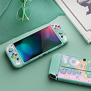 PlayVital ZealProtect Soft Protective Case for Nintendo Switch OLED, Flexible Protector Joycon Grip Cover for Nintendo Switch OLED with Thumb Grip Caps & ABXY Direction Button Caps - Donut Odyssey