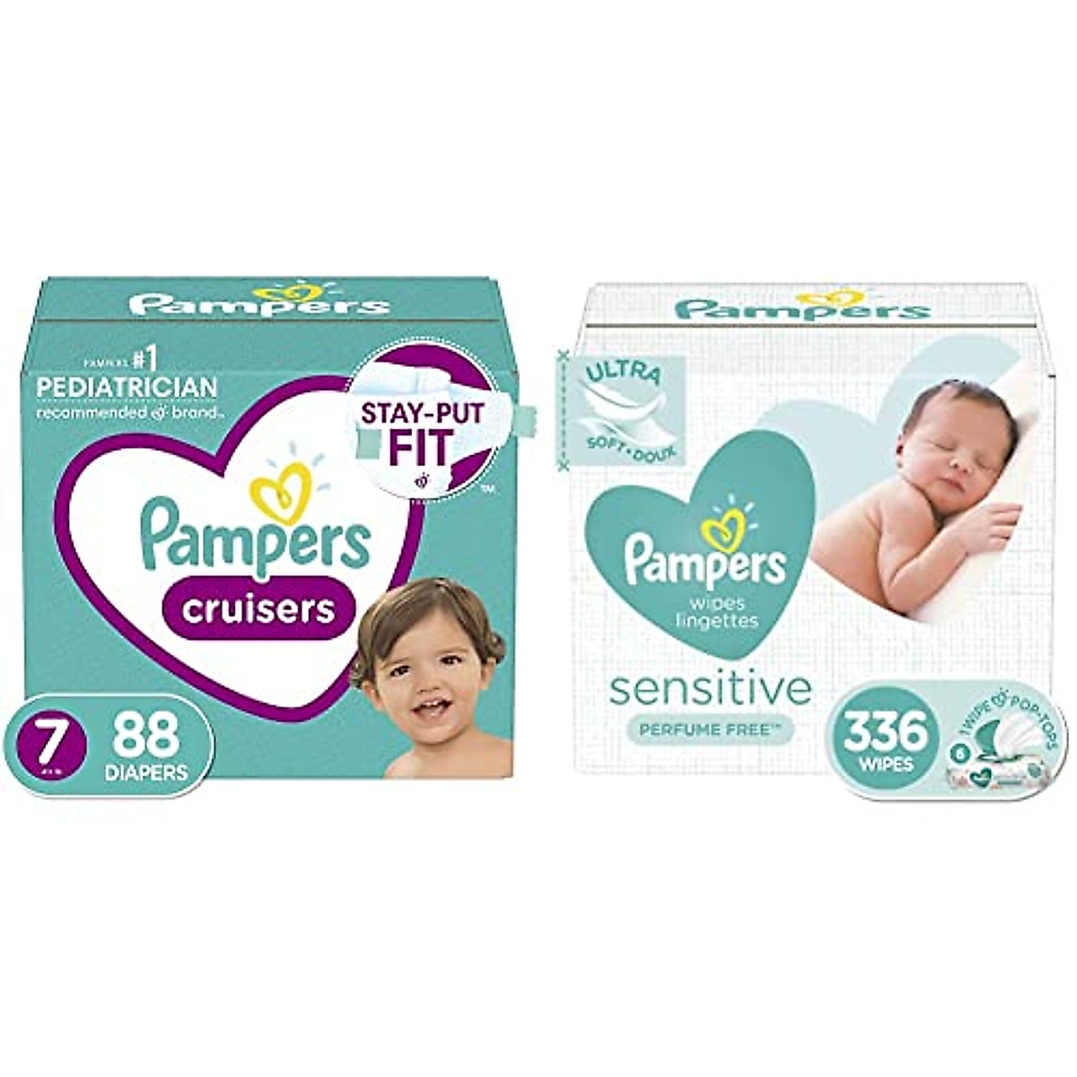 Diapers Size 7, 88 Count and Baby Wipes - Pampers Cruisers Disposable Baby Diapers and Water Baby Wipes Sensitive Pop-Top Packs, 336 Count (Packaging May Vary)