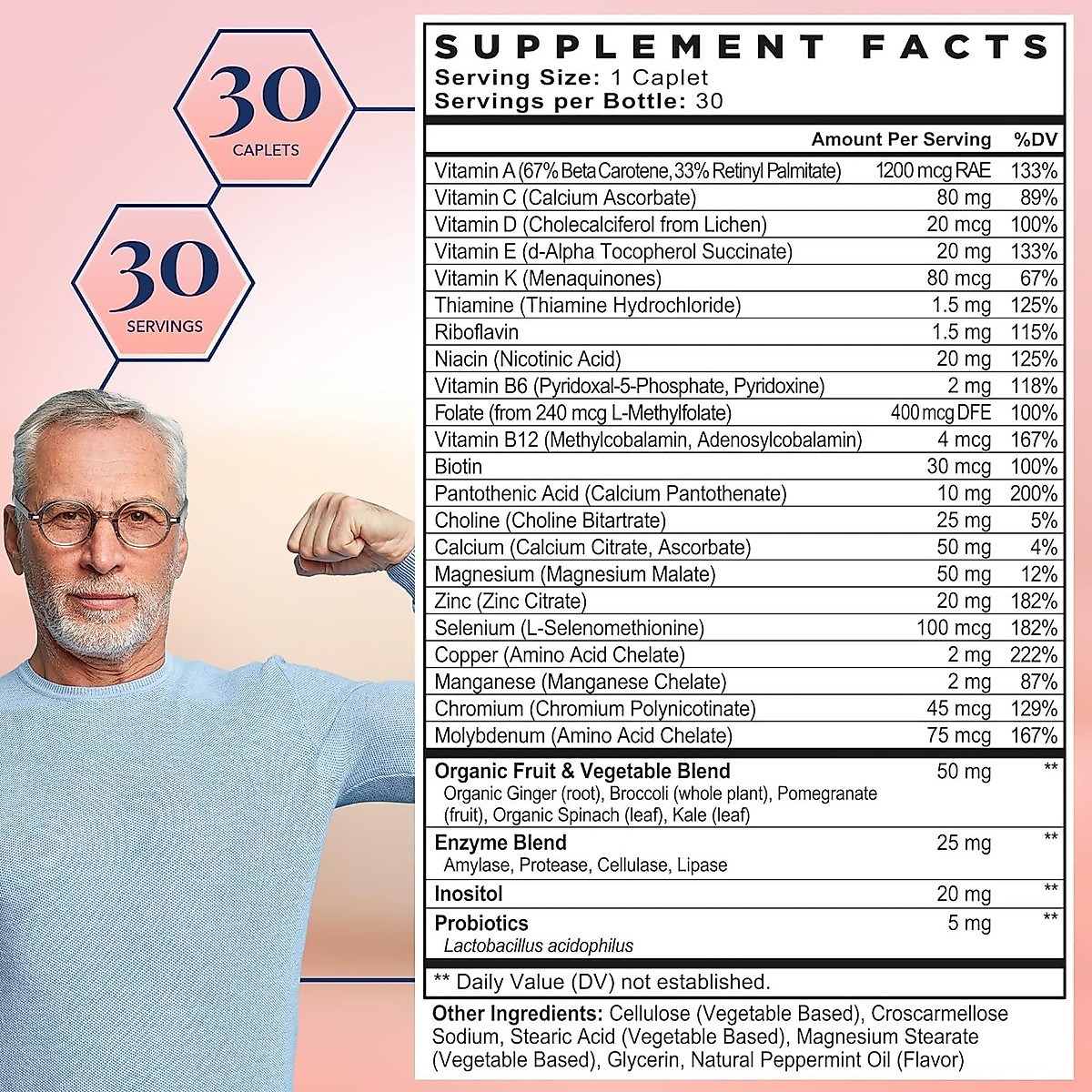 Best Nest Wellness Men's Daily Multivitamin - Men Vitamins for Overall Health, Multimineral Supplement with Probiotics, Methylfolate, A, C, D, E B12, Zinc & Whole Food Organic Blend Multi Vitamin 30Ct