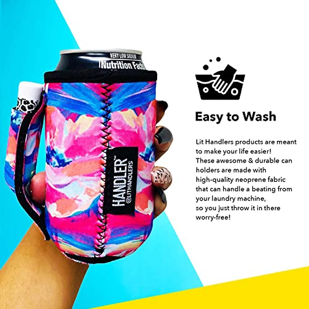 Lit Handlers Soda Can Handle - 12oz Can Cooler Sleeves Neoprene Material for Beer & Other Drinks -Bottle Insulator for Office, Gym, & Beach - Reusable Beverage Holder w/Handle (Black w/Leopard)