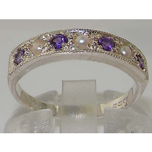 LetsBuyGold 925 Sterling Silver Cultured Pearl and Amethyst Womens Band Ring - Sizes 4 to 12 Available