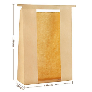 Ohuimrt 100 PCS Large Paper Bread Bags for Sourdough Bread, 13.7 x 8.2 x 3.5 Inches Bakery Bags with Window, Homemade Bread Loaf Bags with Tin Tie Tab Lock and Seal Stickers