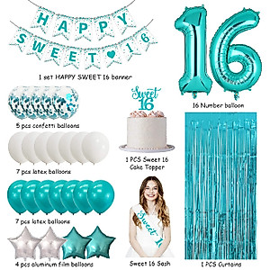 Sweet 16 Party Decorations Teal 16th Birthday Decorations for Girls Sweet 16 Birthday Banner 16 Teal Blue Balloons Birthday Sash and Caketopper