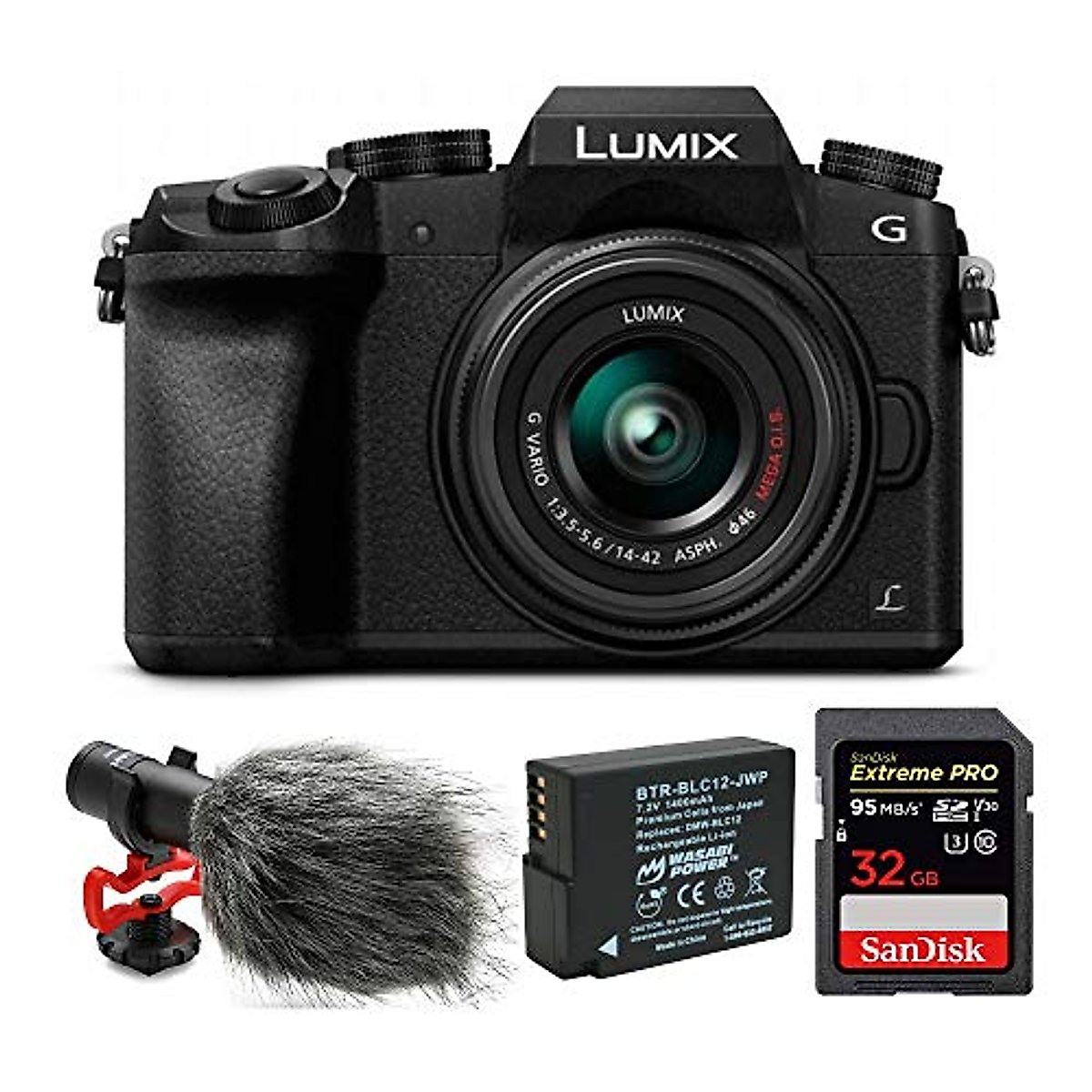 Panasonic LUMIX G7 Mirrorless Digital Camera with 14-42mm Lens and 32GB Compact Microphone Bundle