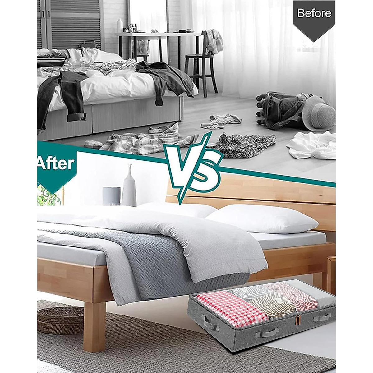 NEATJELAI 2-Pack Under Bed Storage Containers,4.7 Inches Low Profile Underbed Storage Organizer Bin Foldable with Sturdy Sidewalls/Bottom/4 Handles for Clothes Blanket Pillows Shoes,Gray