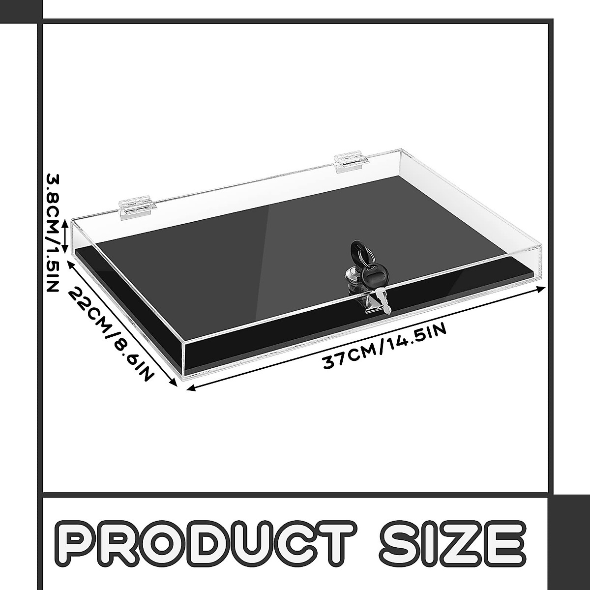 Weysat Acrylic Locking Display Case for Jewelry, Clear Rectangular Display Box Security Showcase Safe Box with Lock and Key Black Padding for Jewelry Selling Collector Watches Knives