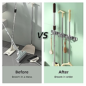 dsfen 2 Pcs Broom Holder Wall Mount Stainless Steel Mop Holder Broom Hanger Heavy Duty Broom Holder for Laundry Room Garden Garage Bathroom (3 Racks 4 Hooks)