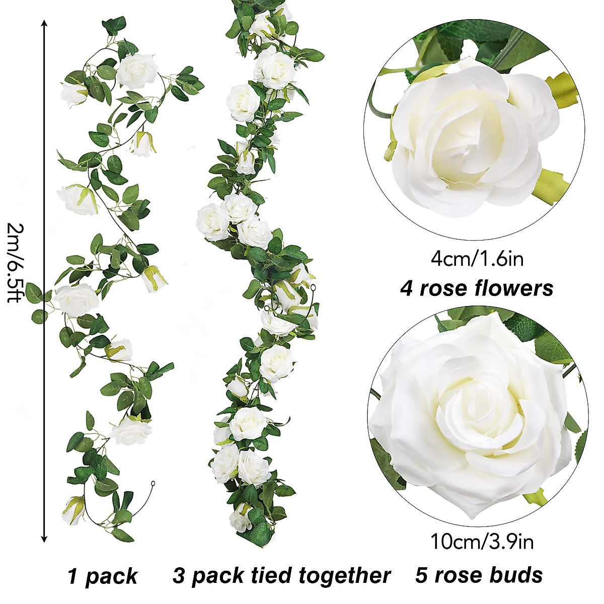 Ageomet 3pcs 19.5ft Artificial Flower Garland with White Rose, Fake Vines Silk Flower Hanging Rose Garland for Wedding Floral Arch Garden Background Engagement Ceremony Reception Decor