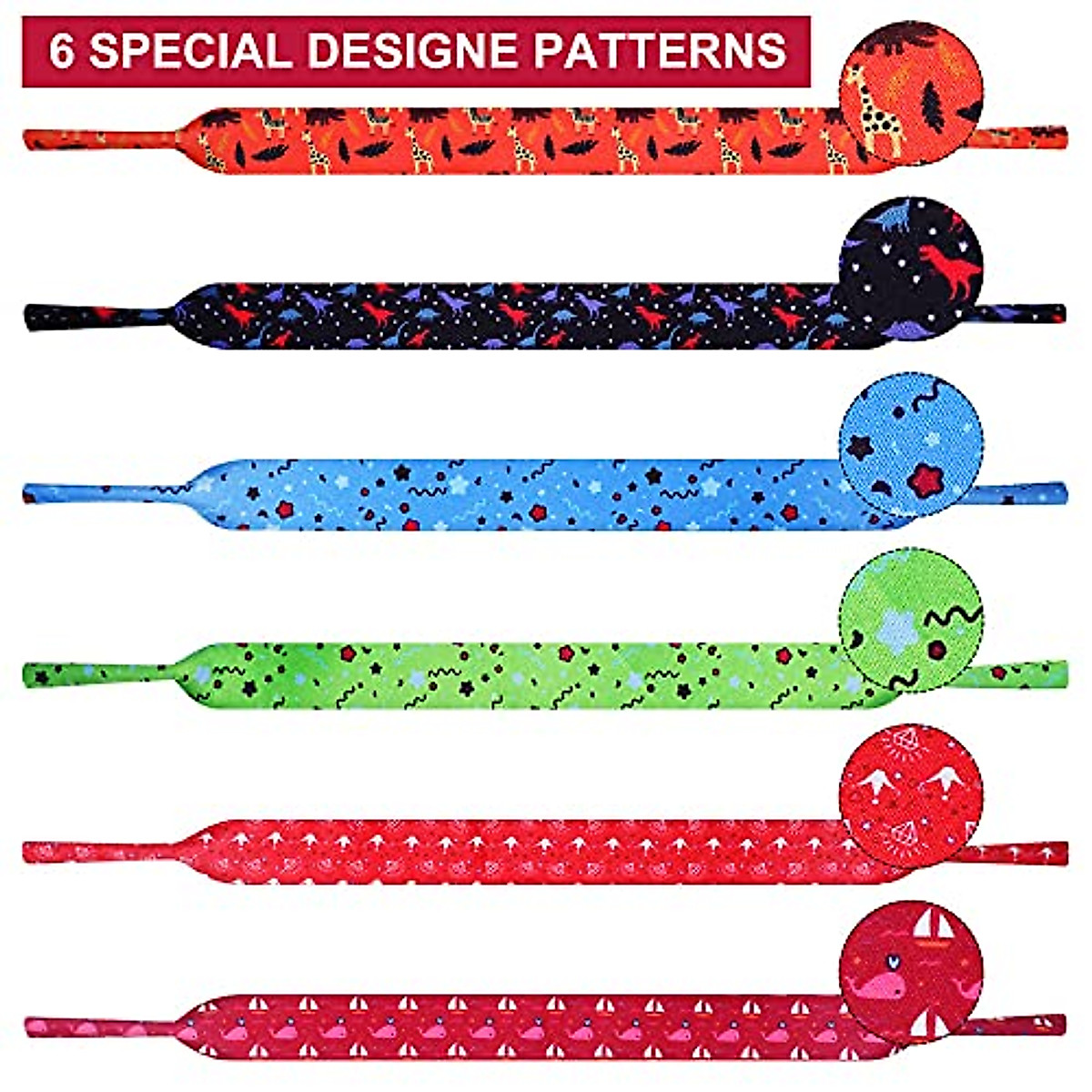 6 Pieces Kids Eyeglass Strap Nonslip Neoprene Glasses Holder Sunglasses Lanyard Eye Glasses Cord Holder Neck Strap Sports Safety Retainer for Boys Girls (Wild Animals, Green, Blue, Pink Princess)