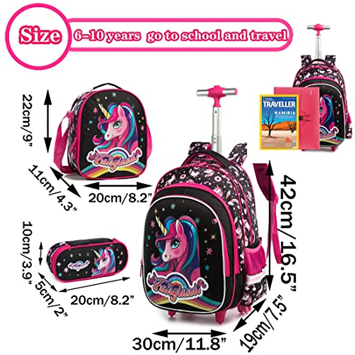 Girls Boys Kids Rolling Backpack with Wheels Trolley School Bag Waterproof Travel Luggage for Kids Girls and Students lunch bag Lightweight and Multi functional(Black Unicorn 16inch)