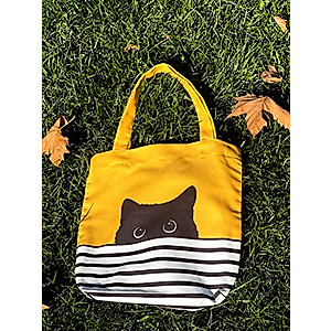 Cute Canvas Tote Bag for Women with Cat Design - Birthday Valentines Day Gift - Aesthetic Book Tote for Teacher School Kids - Hello Kitty Tote Bag - Large Reusable for Shopping Grocery (Yellow Cat)
