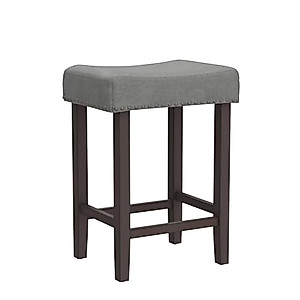 COSTWAY Saddle Stools Set of 2, 24-inch Counter Height Backless Stools with Brass Nailhead Trim, Solid Wood Legs, Foot Rest, Max Load 264 Lbs, Upholstered Bar Chair for Kitchen Island Pub, Grey