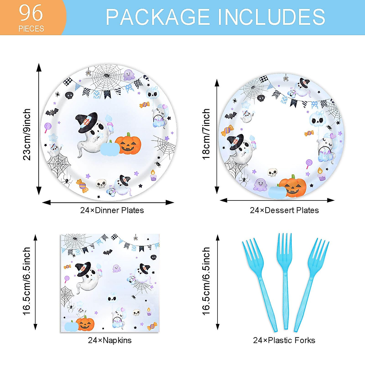 96Pcs Boy Halloween Baby Shower Party Supplies A Little Boo Birthday Tableware Set 9"& 7" Blue Ghost Spooktacular Paper Plates Napkins Forks Spoons for Halloween Party Decoration Serve 24 Guests