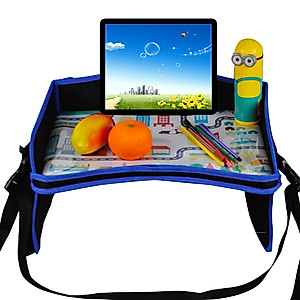 New Kids Travel Tray for Car Roadtrip, Fits in Airplane and Baby Carseats, Waterproof Top, Side Pockets & Bottle Holder, 16.9 x 12.6 Inches (Blue/Black)
