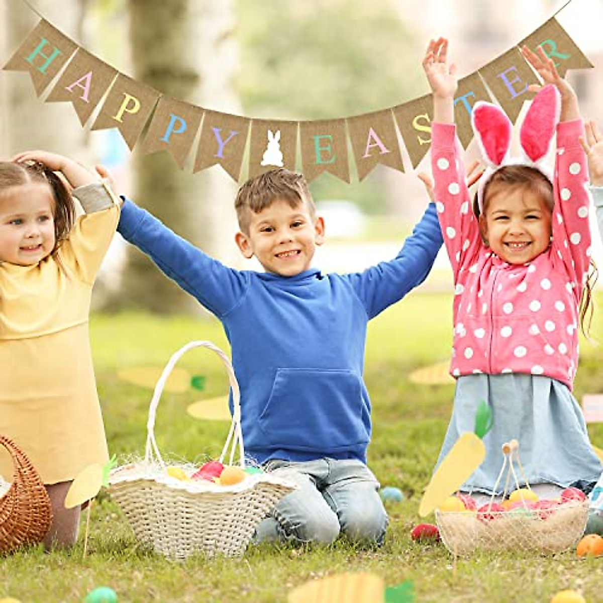 Doumeny Happy Easter Burlap Banner Easter Bunny Rabbit Bunting Garland Colorful Happy Easter Banner Bunting with White Rabbit Spring Easter Party Banner for Mantle Fireplace Wall Door Party Supplies