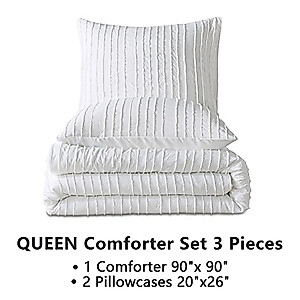 Andency White Queen Size Comforter Set, 3 Pieces Boho Tufted Striped Bedding Comforter Set for Queen Bed, All Season Lightweight Soft Fluffy Microfiber Bed Set