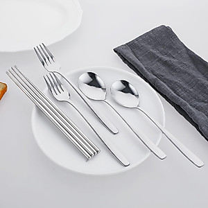 2 Pack Reusable Flatware Sets Fork, Spoon, Chopsticks, 6Pcs Travel Utensils Portable Camp Reusable Flatware Silver Reusable Flatware