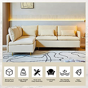 GreatHome L-Shaped Modular Sectional Couch, 4-Seater Corner Sectional Sofa, Modern Beige Fabric L Sofa with 3 Pillows Included and Gold Metal Legs, for Small Space