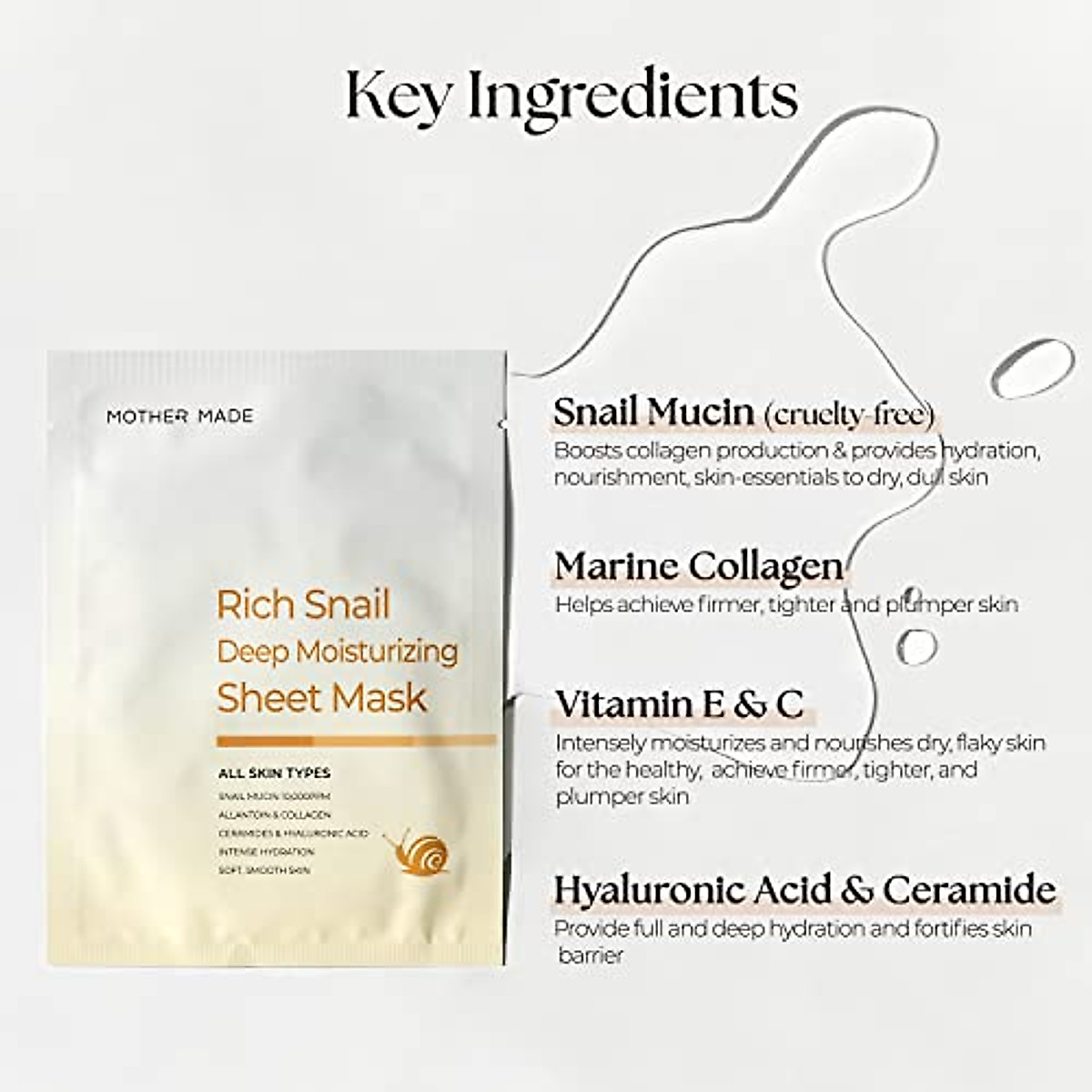 MOTHER MADE Korean Face Mask 10 Sheets with Snail Collagen Vitamin C & D | Hydrating Sheet Masks | Anti-aging Anti-Wrinkle Korean Skincare Facial Treatment | Snail Secretion Filtrate 10,000ppm